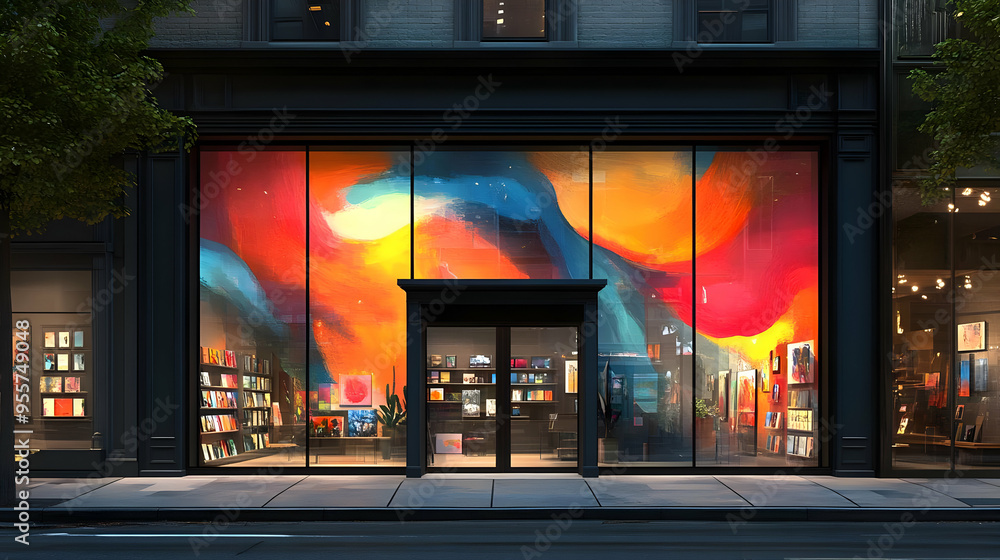 Colorful storefront with vibrant mural and book displays inside. Stock ...