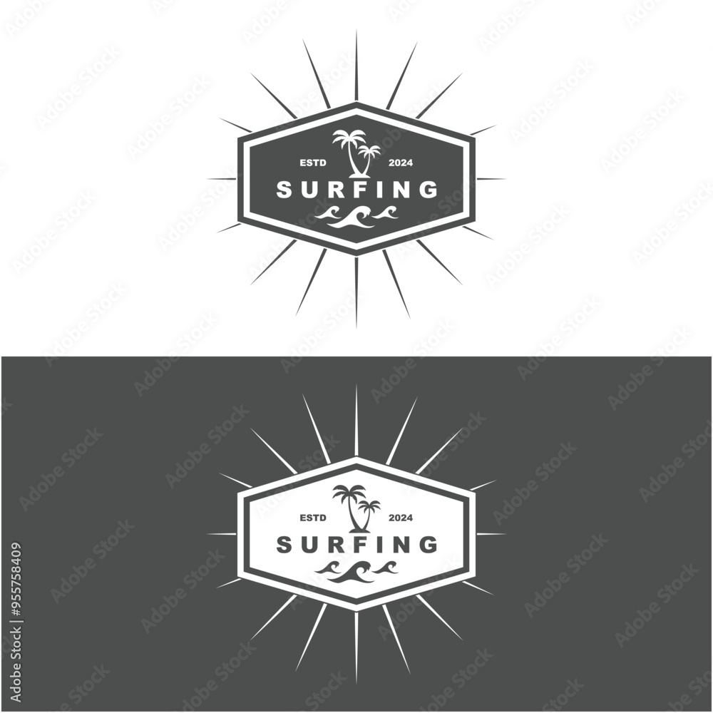 Logo Surfing Beach Vector Illustration Template. Logo for label, summer ...