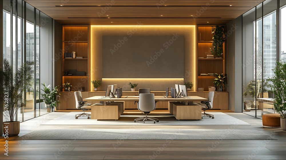 Sleek modern office space minimalistic design open workstations natural ...