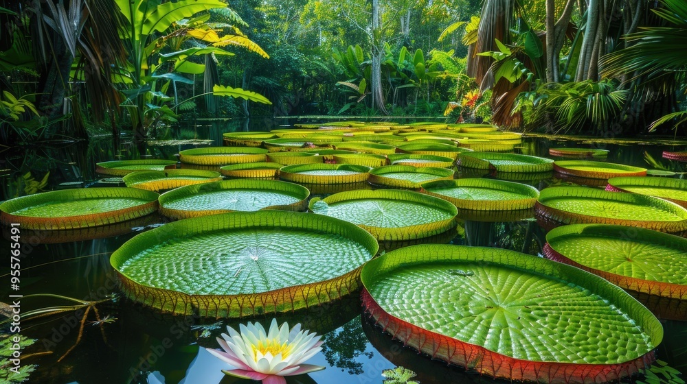 Large, round lily pads in a tropical pond. A photo of giant water lily ...
