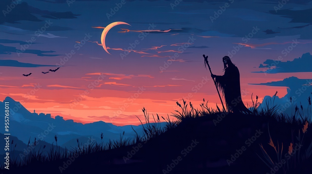 Spooky twilight sky with Grim Reaper silhouette, flat design, top view ...