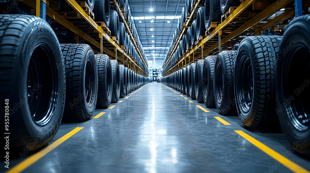 Warehouse filled with neatly stacked tires for storage and distribution ...