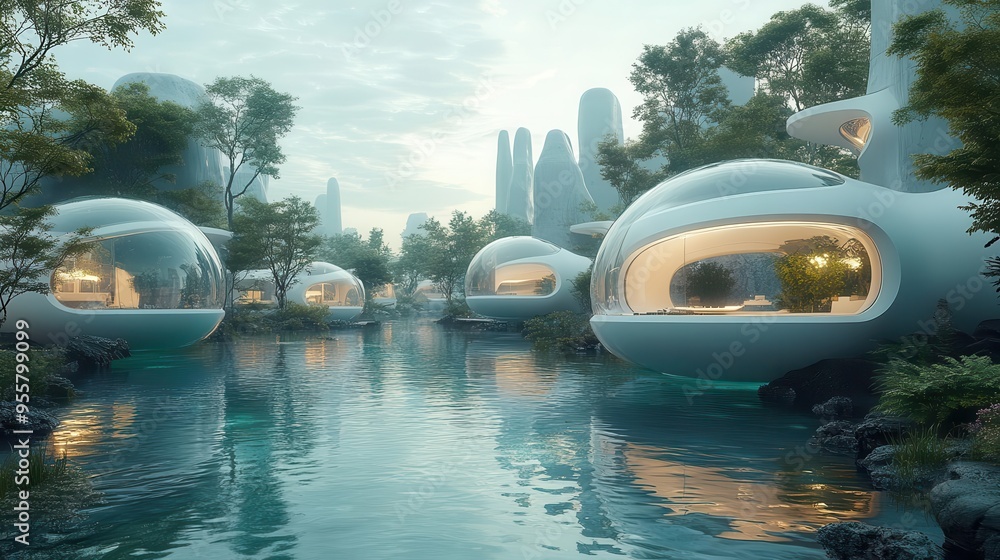 futuristic urban rainwater management system with sleek collection pods ...