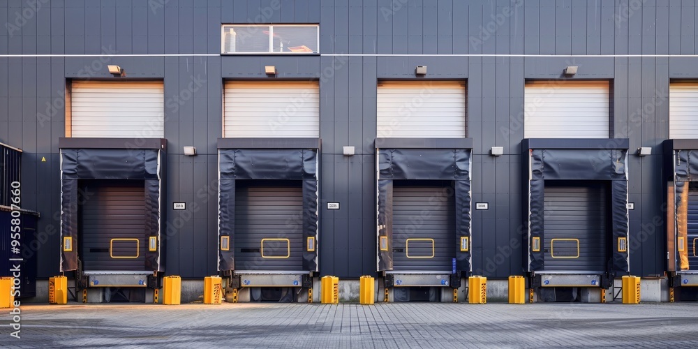 Entrance gates and loading docks for trucks at a distribution warehouse ...