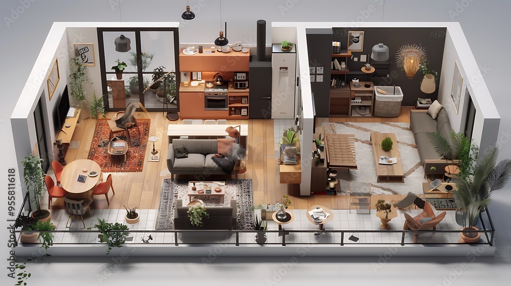 Ilustración de Stock 3D isometric floor plan of an open-concept living apartment with a clear ...