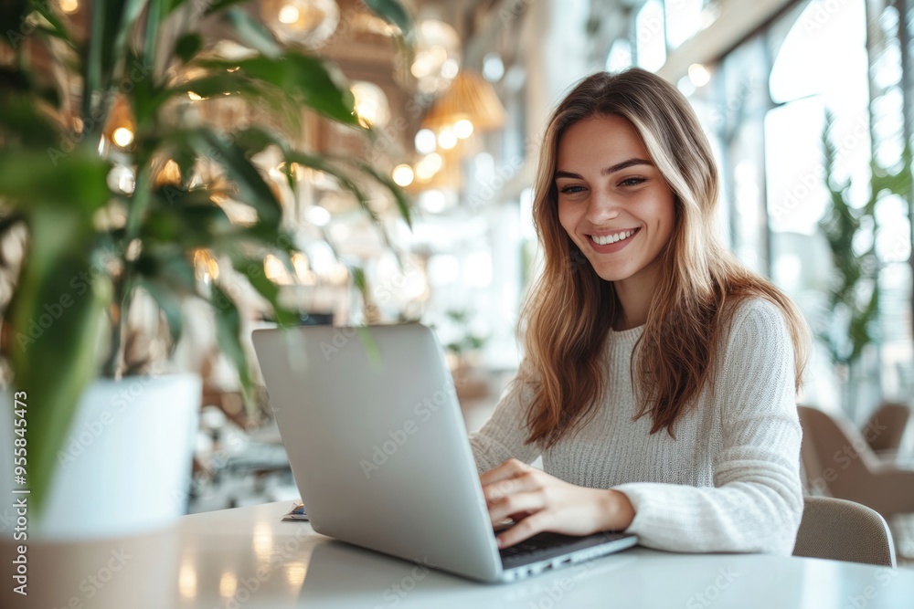 A high-resolution photograph of a young woman marketer, smiling as she ...