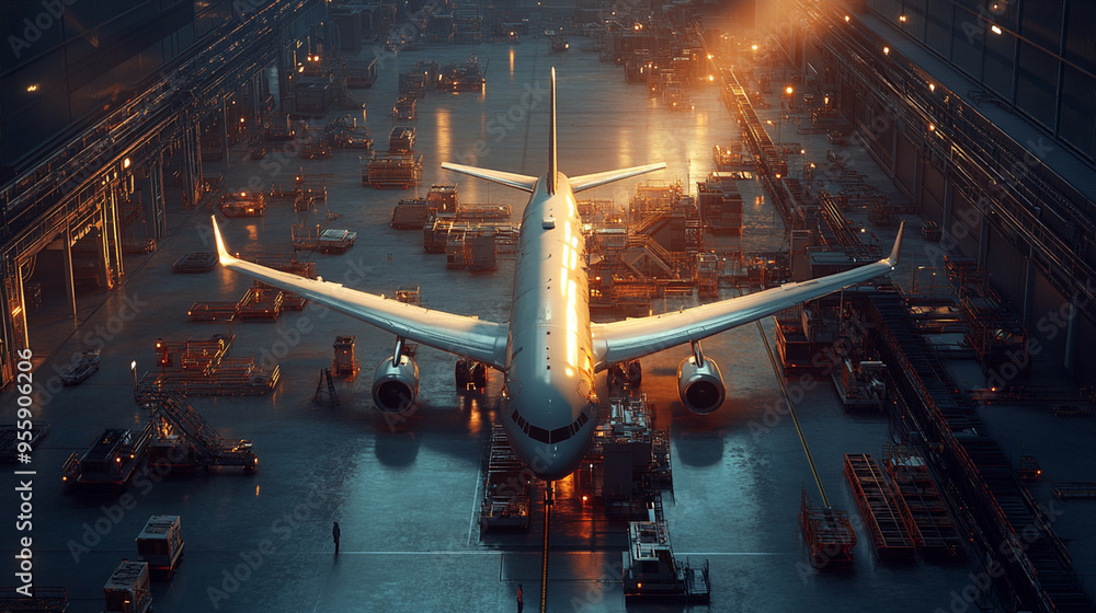 Aircraft assembly factory. Plane assembly factory. Generative AI. Stock ...