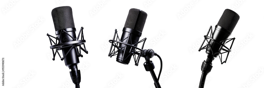 Three stylish black microphones arranged ideal for music, podcasting or ...