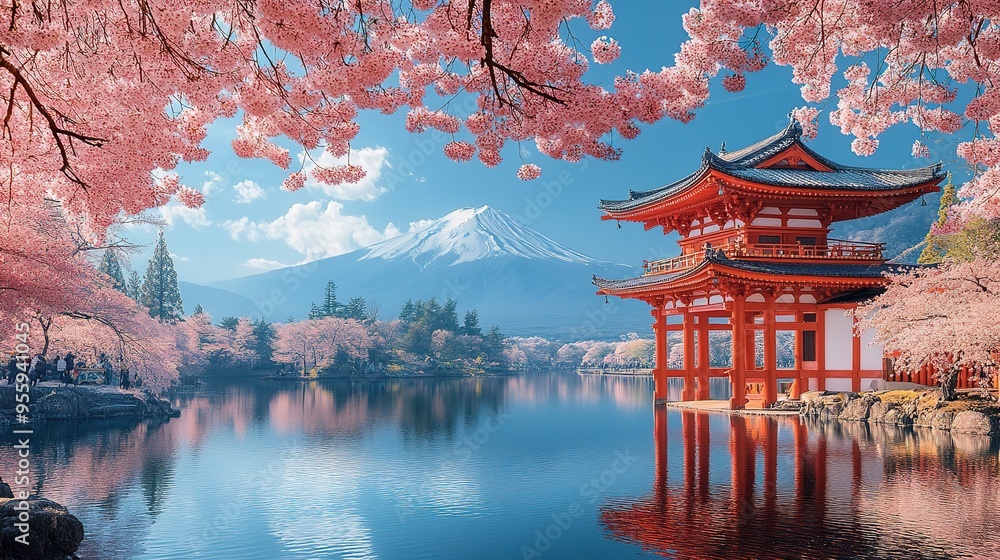 Sakura and Japanese Temple Scene: A Detailed Illustration Featuring a ...