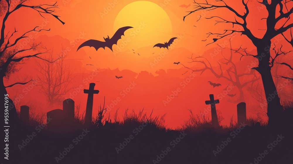 Cemetery landscape, graveyard tombstones background, Halloween horror ...