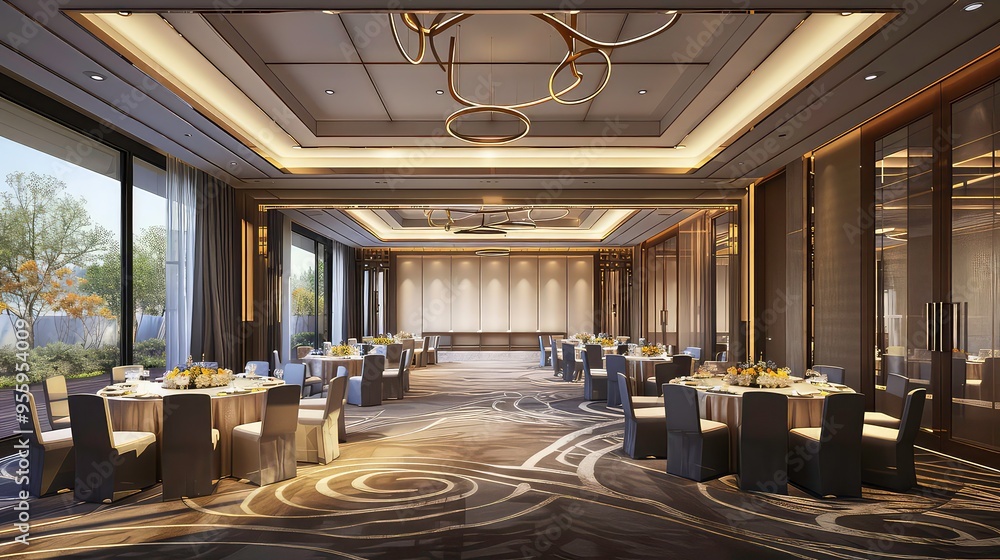 Modern banquet hall interior with black chairs and white linens, large ...