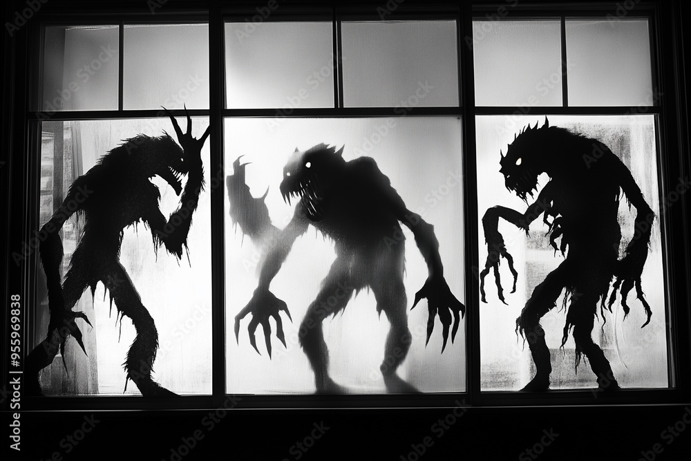 Three scary monsters are shown in a window, with one of them having a ...