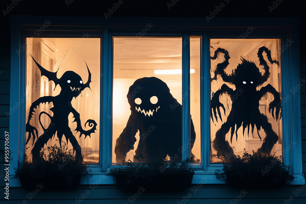 Three scary monsters are shown in a window, with one of them having a ...