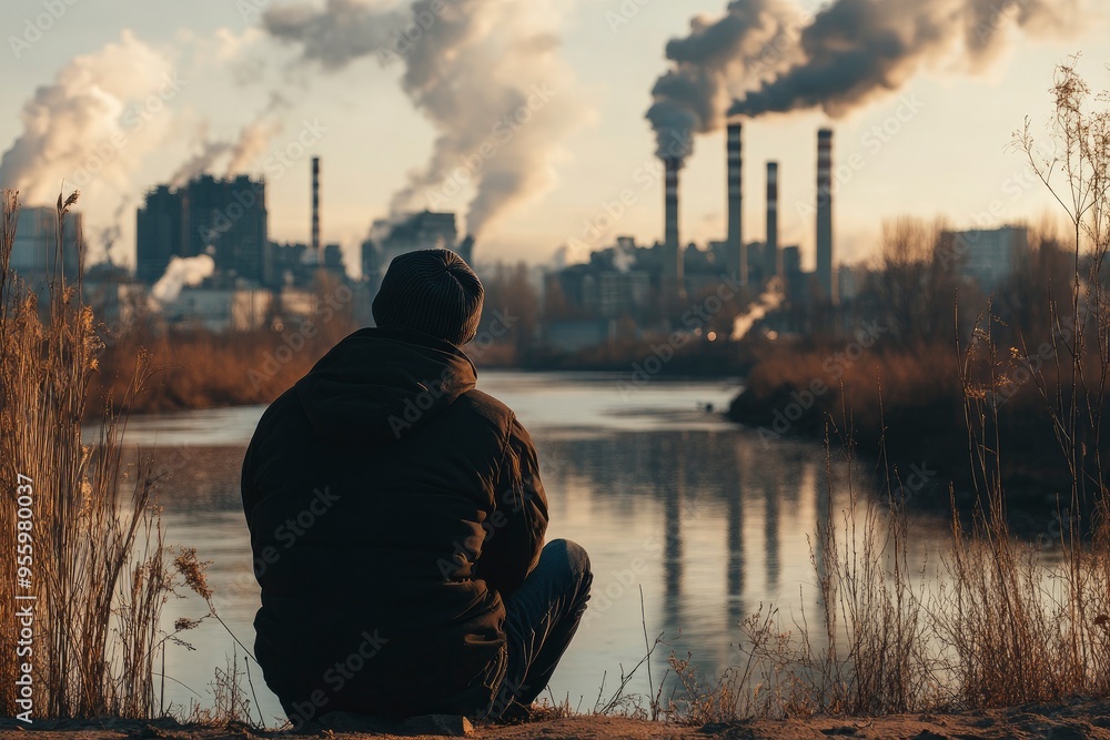 Young man sitting on drying river and looking to polluted city with ...