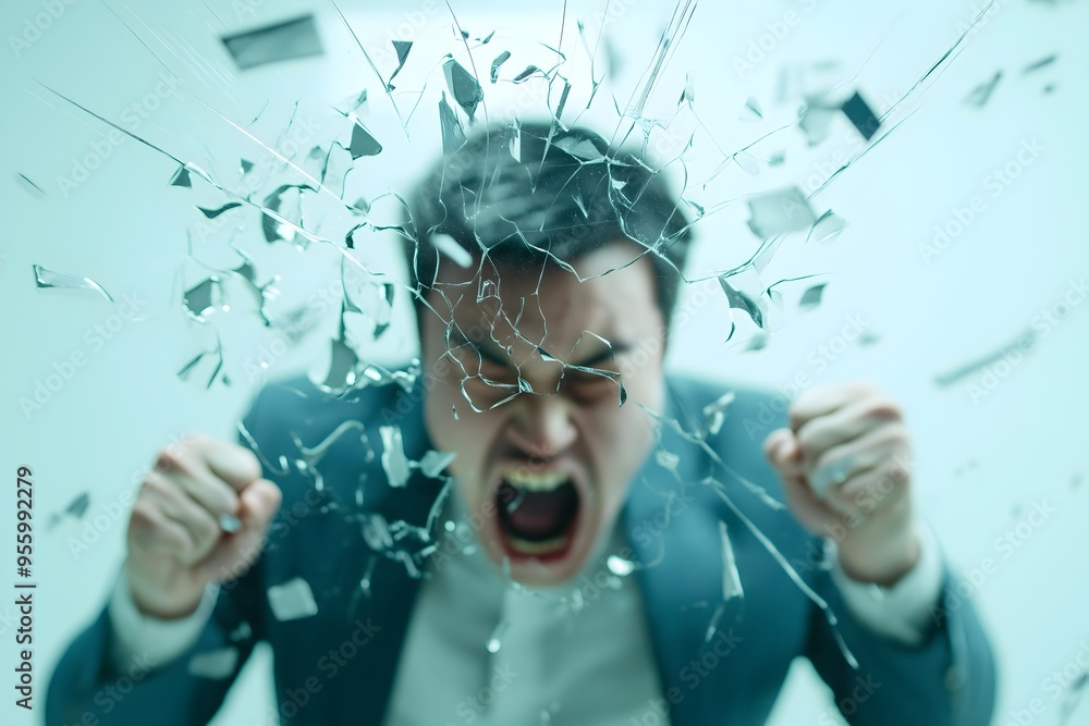 Man in a business suit screaming in anger, with shattered glass ...