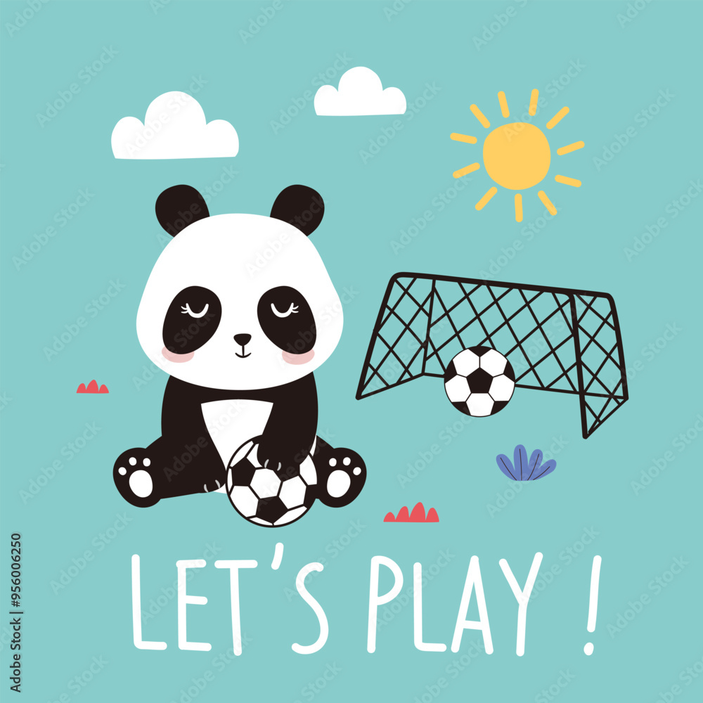 Cute panda bear playing football at yard. Cartoon panda character hand ...