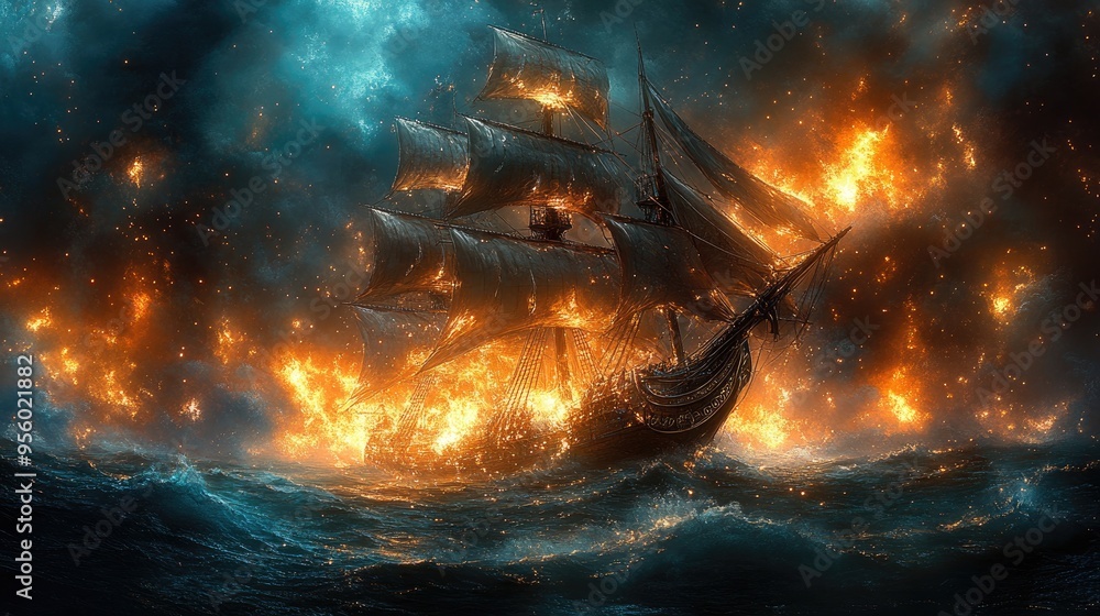 A burning ship engulfed in flames. The photo depicts a ship burning ...