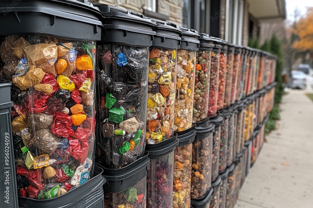 Multiple garbage cans filled with waste. This photo illustrates the ...