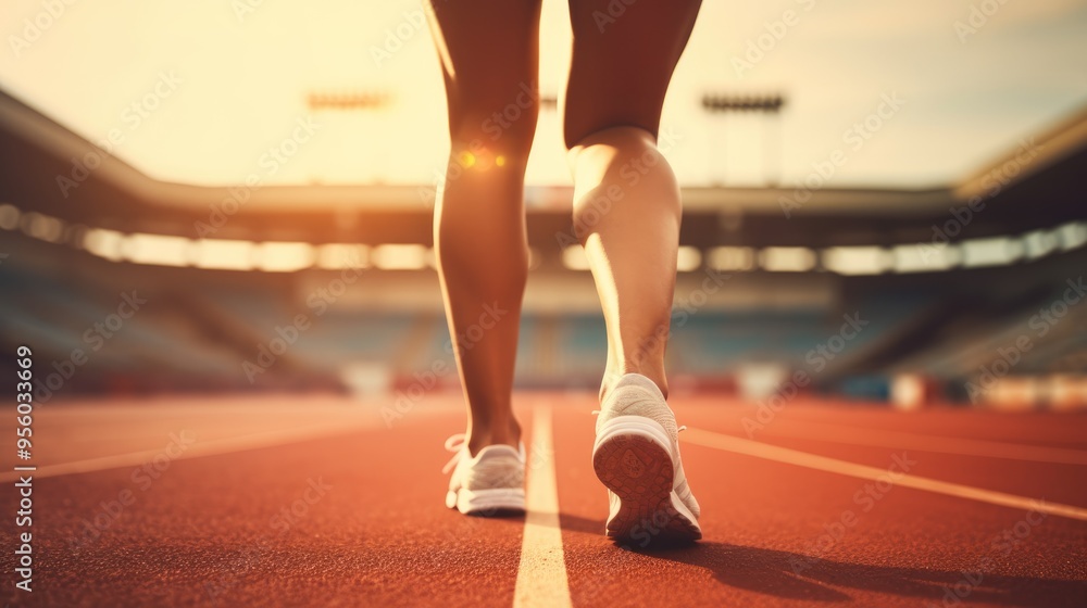 Close-up rear view of female athlete's feet bending over to prepare to ...