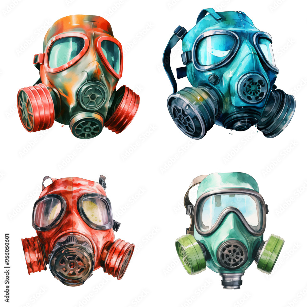 Four Watercolor Paintings of Vintage Gas Masks Stock Illustration ...