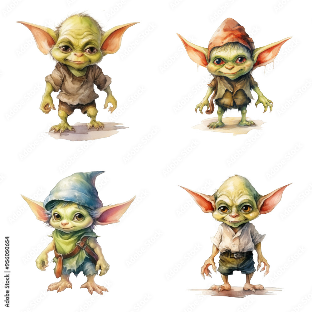 Four Watercolor Illustrations of Fantasy Creatures with Large Ears ...