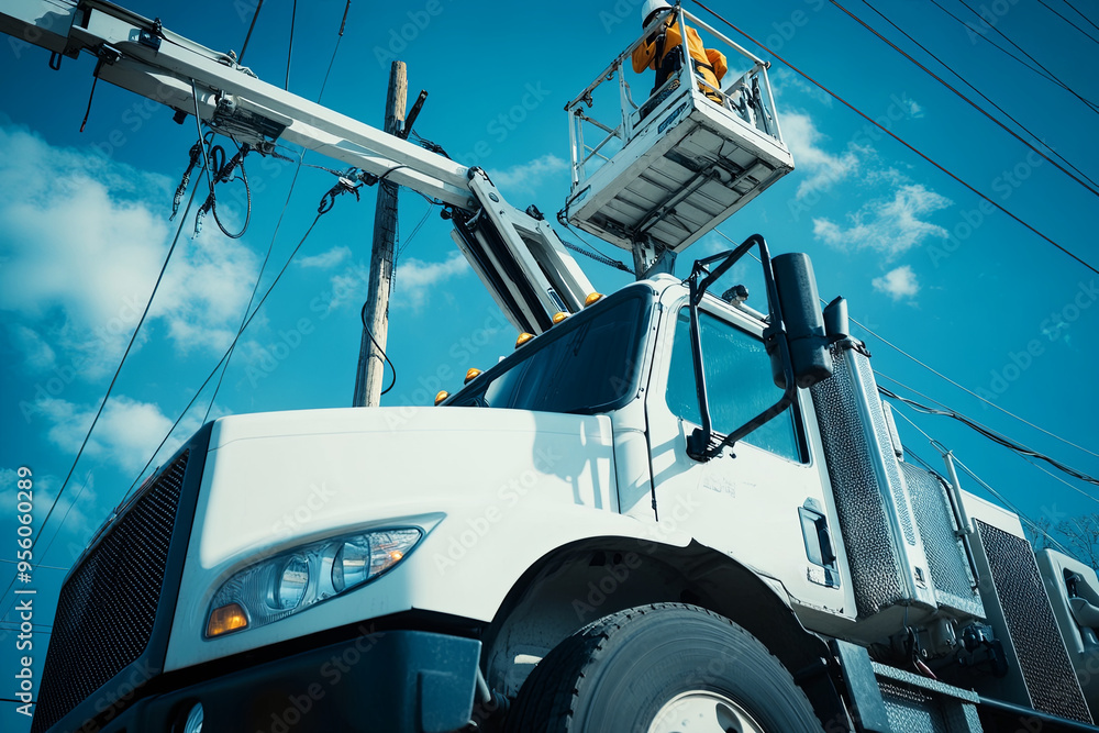 Utility truck with a bucket lift repairing power lines Stock Photo ...