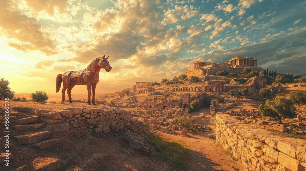 A view of the ancient city of Troy with its iconic wooden horse replica ...