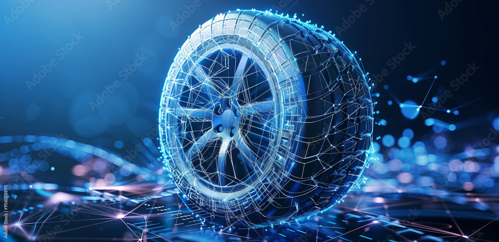 Futuristic wireframe car tire with glowing blue lights on a connected ...