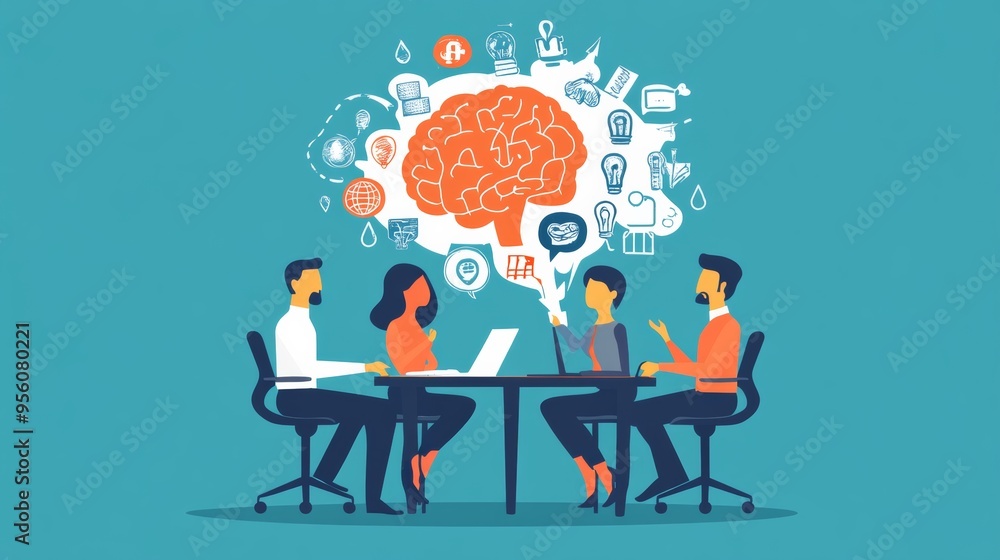 Four people brainstorming at a table with vivid icons of a brain and ...