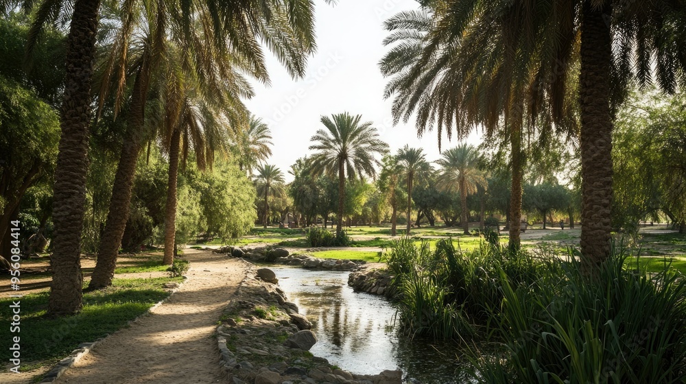The lush greenery of the Al Ain Oasis, with palm trees, walking paths ...