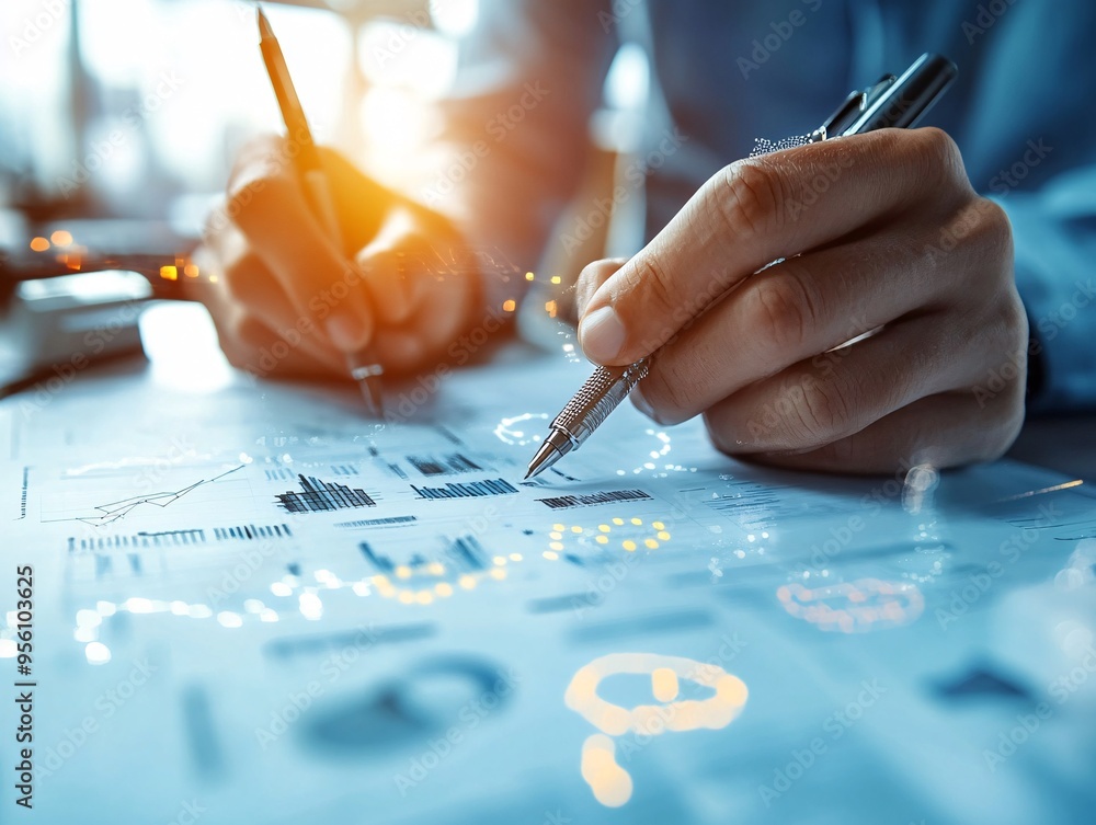 Entrepreneur reviewing a detailed business plan with graphs and charts ...