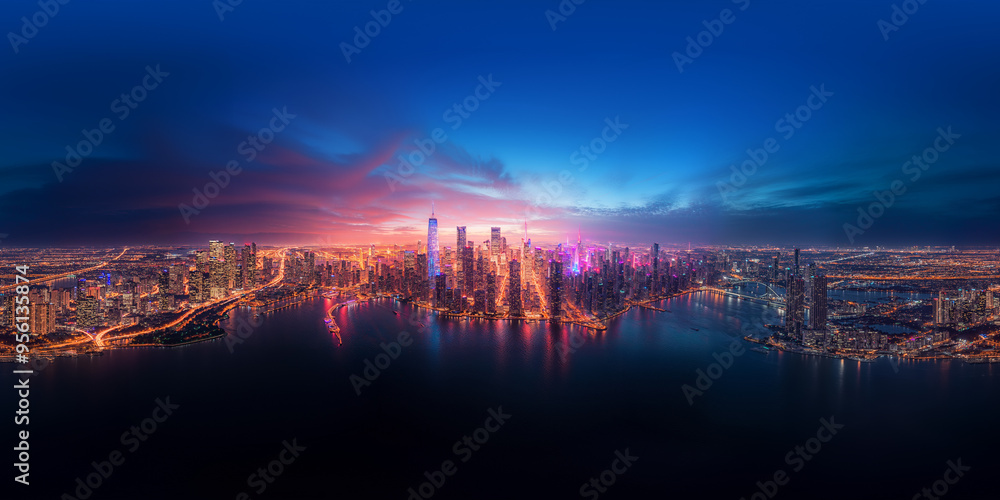 Neon City Night Skyline 8K 360 degree, equirectangular projection ...