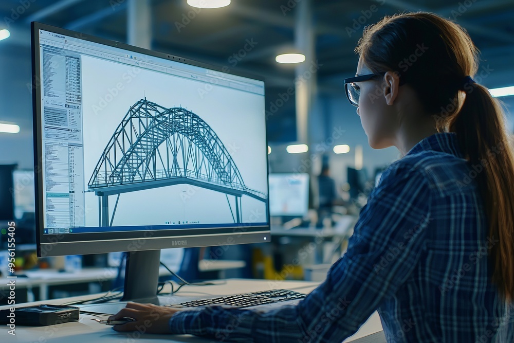 Female engineer designing a bridge on her computer. The screen shows a detailed structural ...