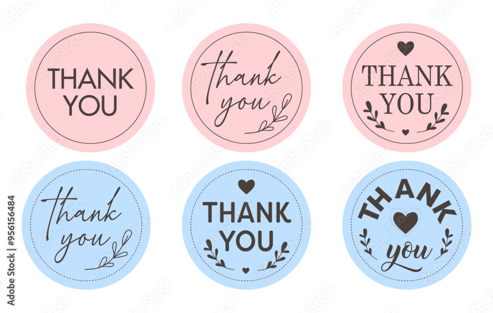 Vector de Stock Thank you classic round stickers in pink and blue. Logo ...