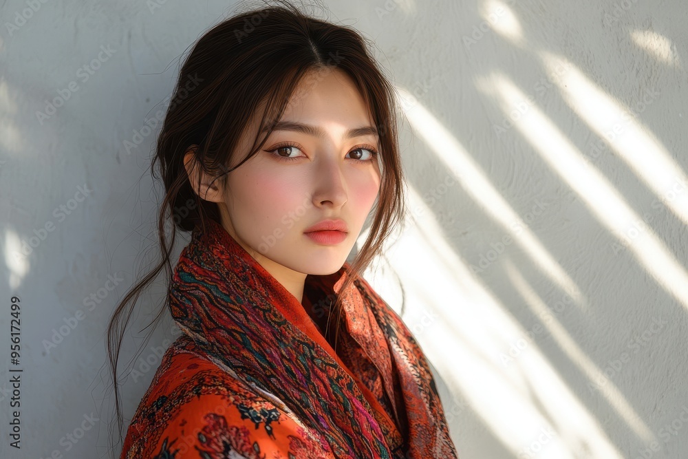 Radiant Uyghur Fashion Model Posed Confidently Against White Wall ...