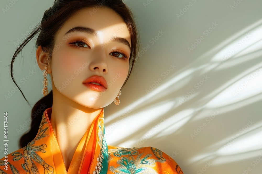 Radiant Mongol Fashion Model in Avant-Garde Attire Standing Poised ...