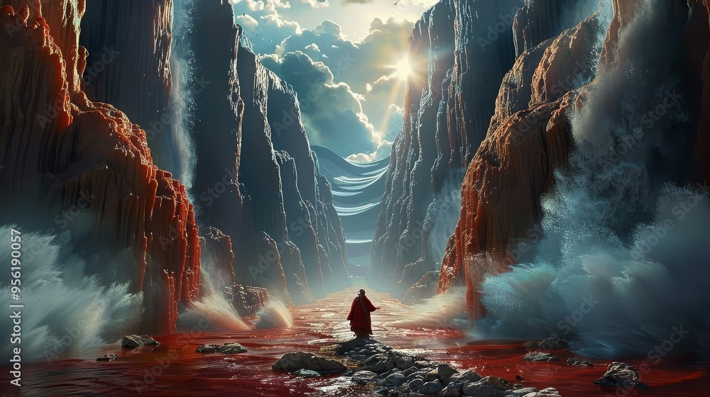 UHD 4K image capturing the moment Moses splits the Red Sea, revealing a ...