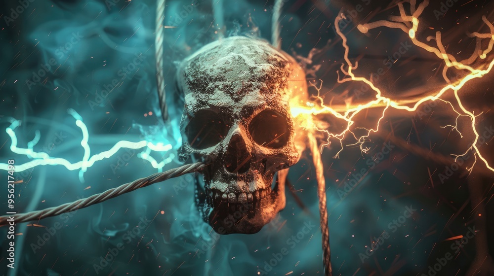 symbol of the skull with lightning on the high voltage cable indicating ...