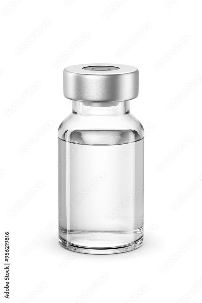Clear glass 10R vial containing a colorless liquid isolated. 3D ...