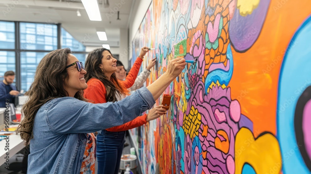 Employees collaborating on a mural in the office, using art as a medium ...