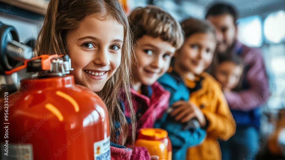 Parents teaching their children how to use a fire extinguisher, with an ...