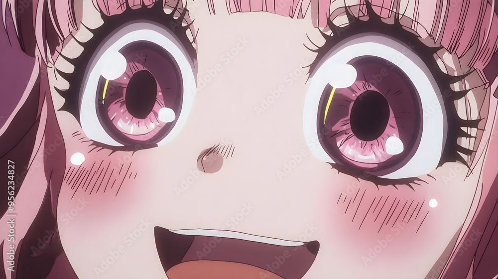 Ilustración de Stock The face of an anime girl with big eyes and long ...