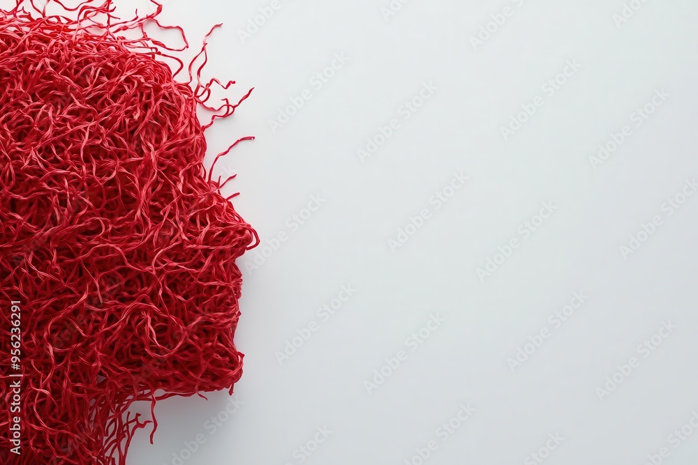 Unraveling tangled red threads on a head silhouette, representing ...