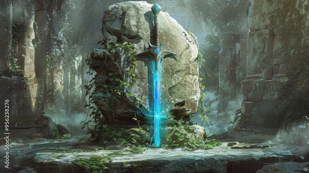 A mythical sword with a blue glowing blade, stuck in a rock at the ...