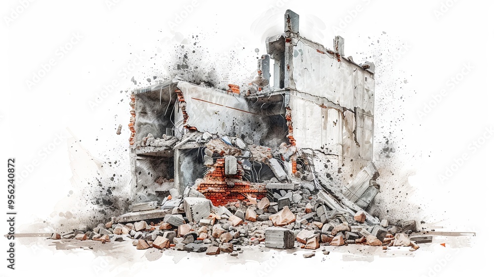 Architectural illustration of a building being demolished, with a white ...