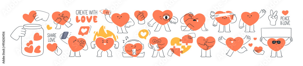 Cute heart characters set. Love, support, passion, trust symbols ...