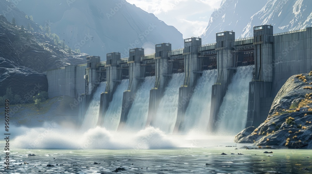 Hydroelectric power station on the northern river Engine room and ...