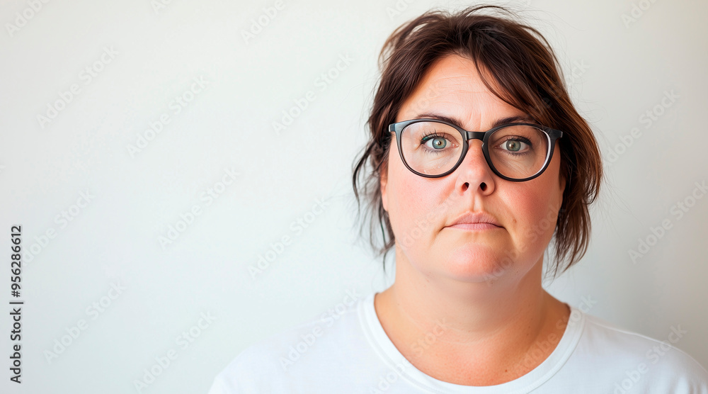 candid photo of aN obese woman in his mid forties, glasses, big ...