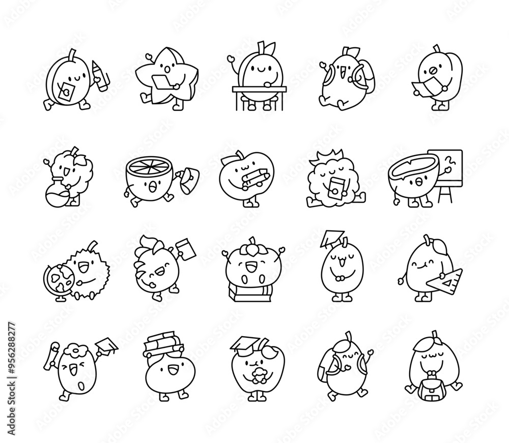Cute fruit characters with school things. Coloring Page. Cartoon kawaii ...