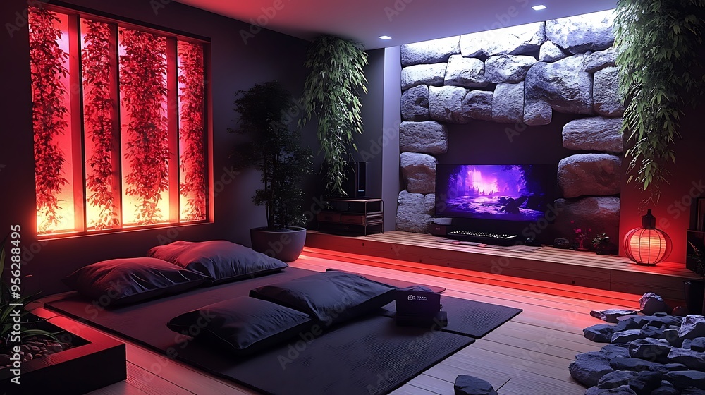 A tranquil Zen gaming room, featuring tatami mats, a low wooden desk ...